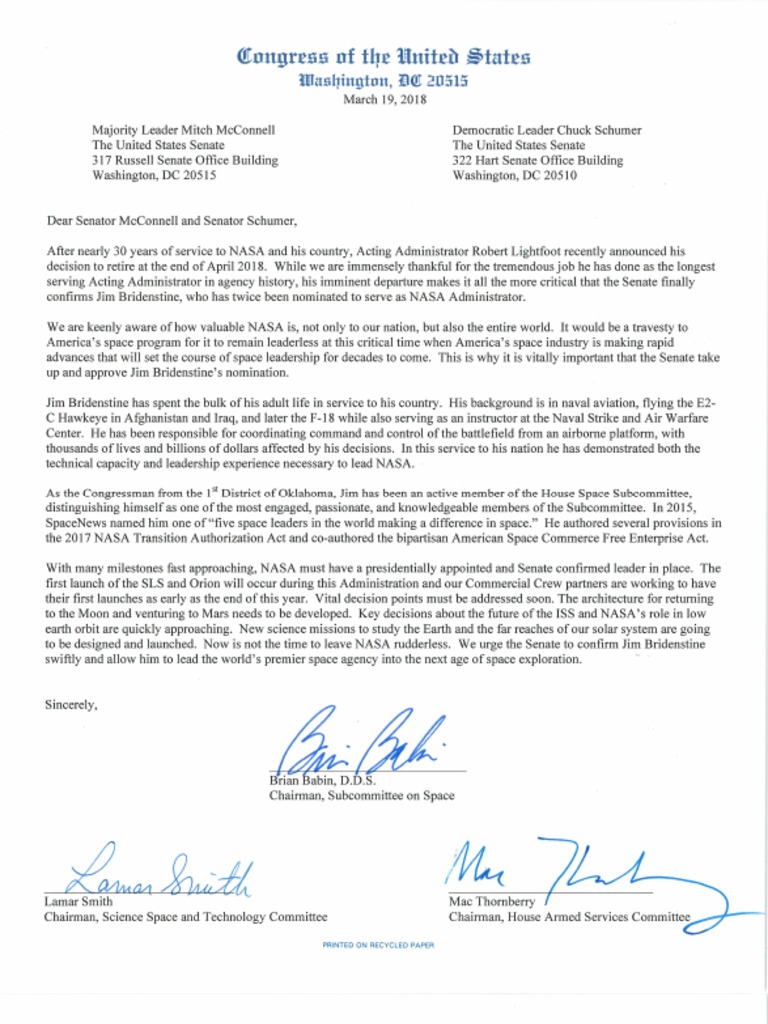 House Letter To Senate About Bridenstine Nomination | PDF