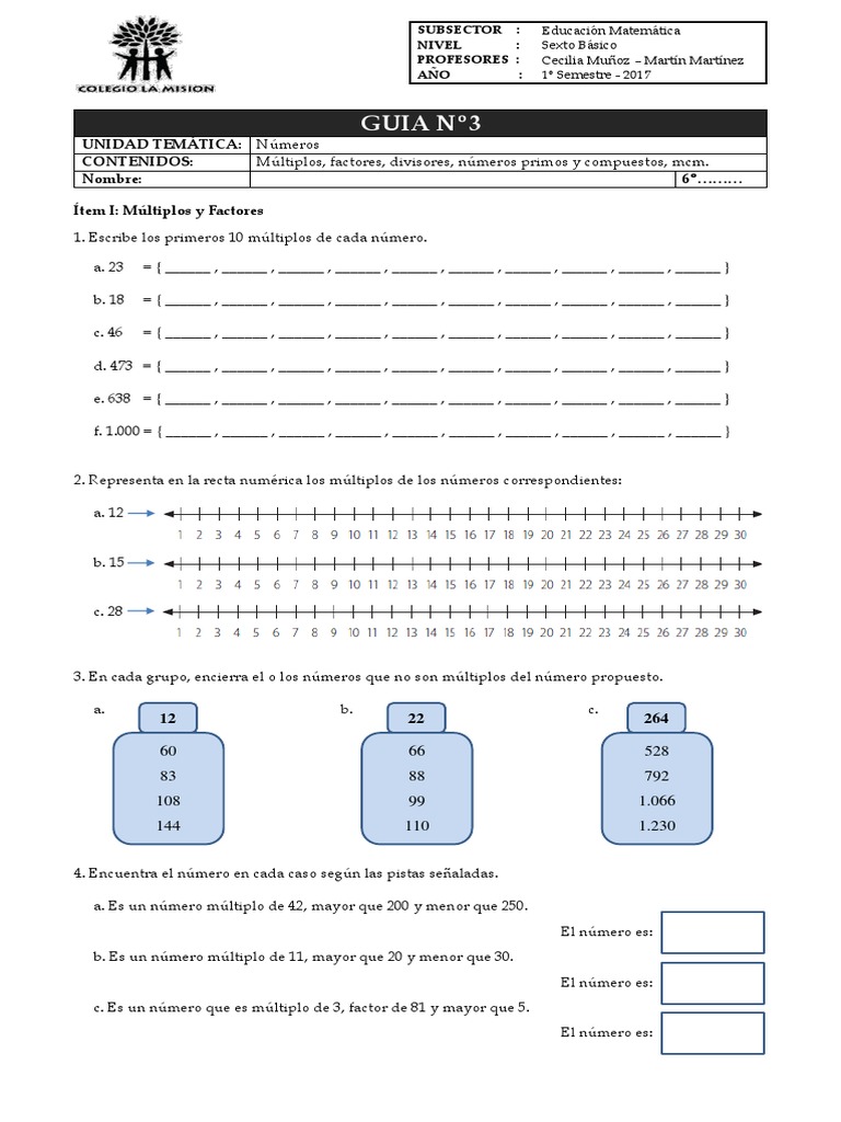 Guía 3 - Unidad Números - Sexto Básico - Multiplos y Factores | PDF ...