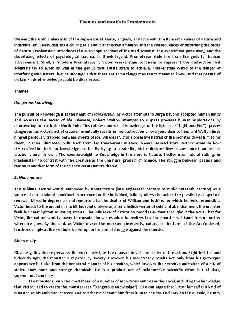 Themes and Motifs in Frankenstein | PDF | Frankenstein | Monsters