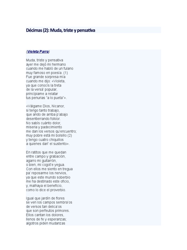 Décimas de Violeta Parra: Reflexiones | PDF | Poesía | Libros para ...