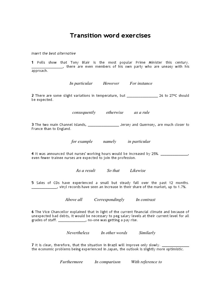 Transition Word Exercises | PDF