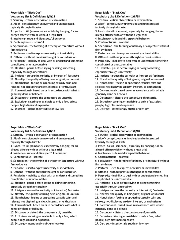 Vocabulary for Roger Mais's "Black Out" | PDF | Curiosity | Applied ...