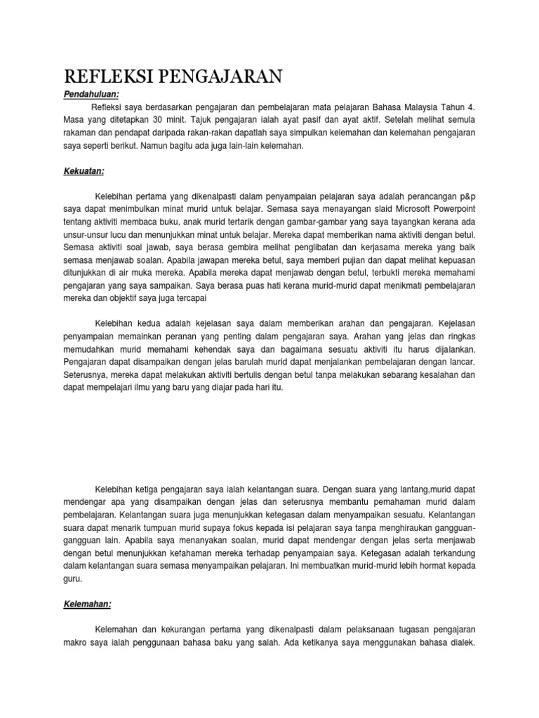 Contoh Refleksi Pengajaran BM | PDF