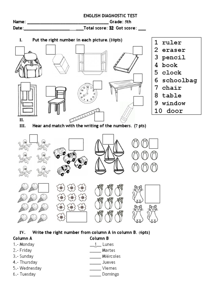 DIAGNOSTIC ENGLISH 5th Test Quinto | PDF