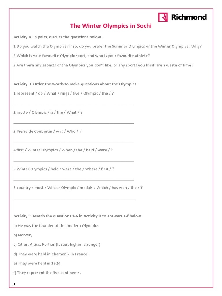 Richmond The Winter Olympics in Sochi Worksheet | PDF | Winter Olympic ...