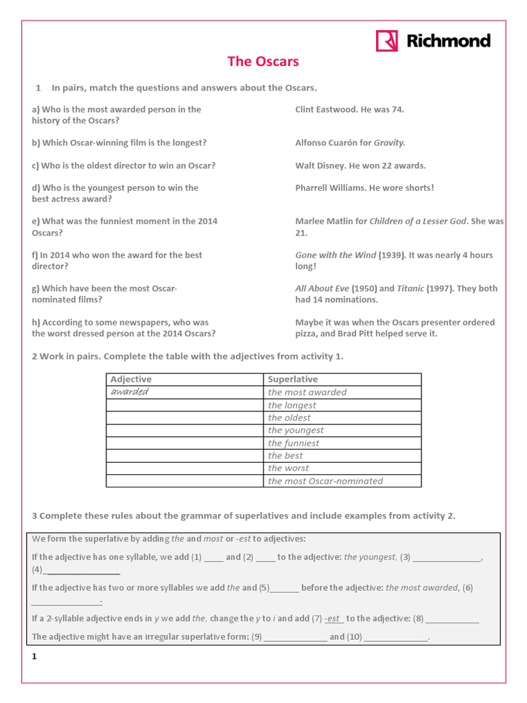 Richmond The Oscars Worksheet.1 | PDF | Question | Academy Awards