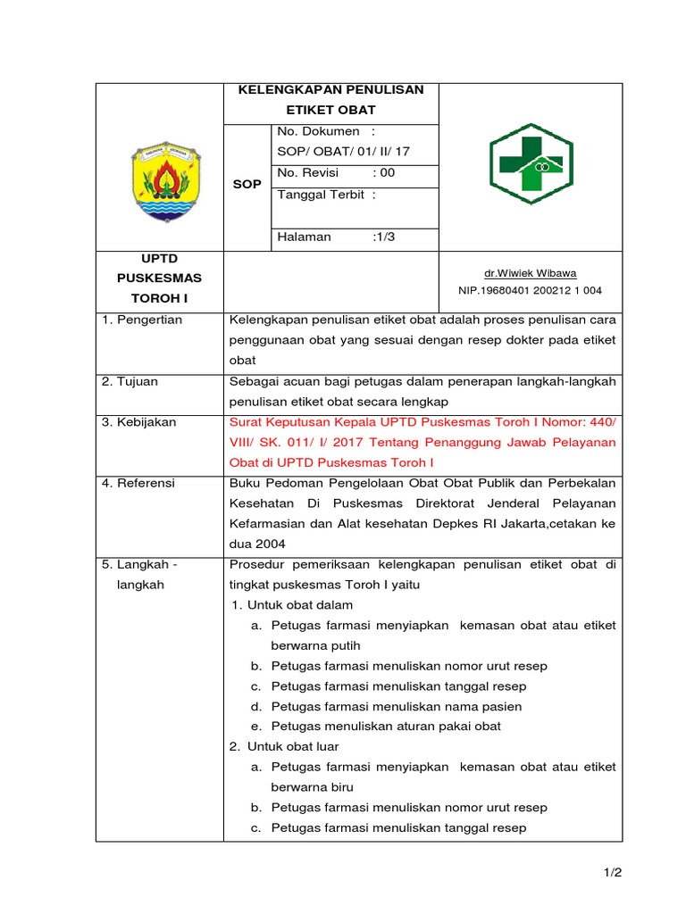 SOP Kelengkapan Penulisan Etiket Obat | PDF