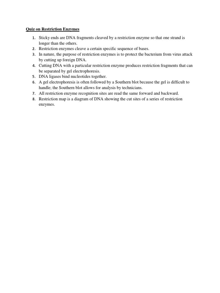 Quiz On Restriction Enzymes | PDF | Science & Mathematics