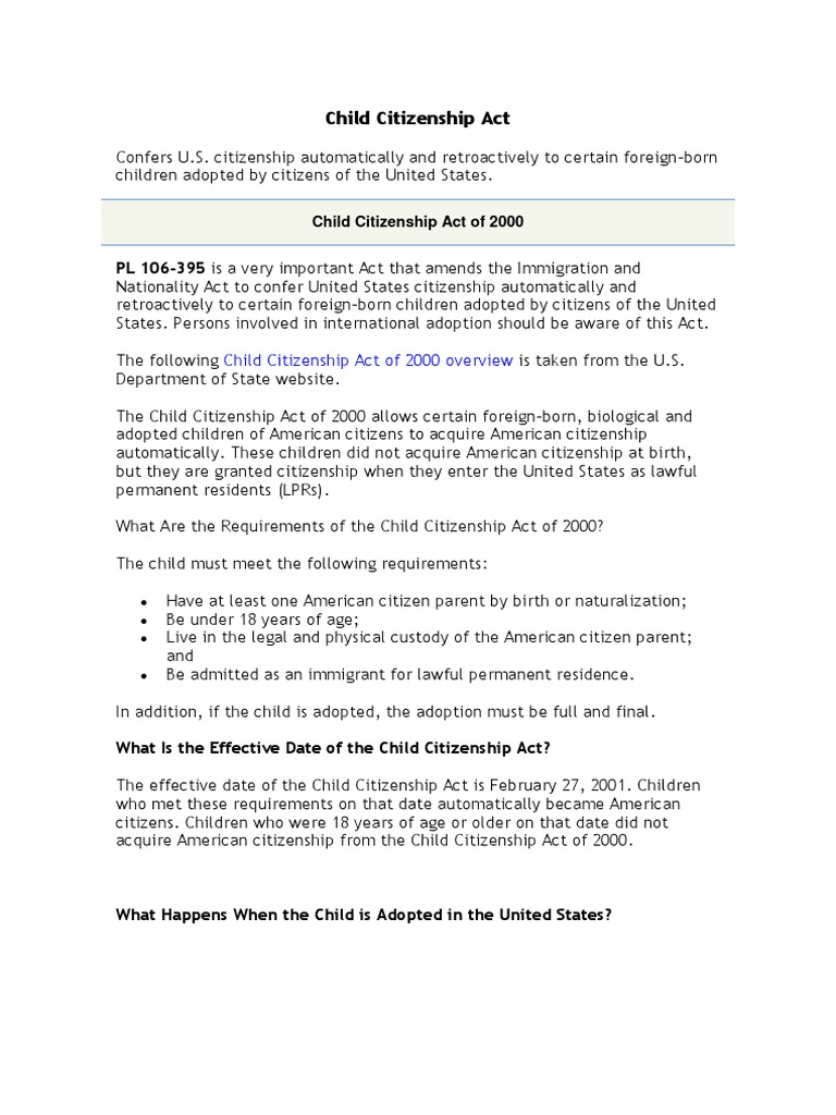 The Child Citizenship Act of 2000: Automatic Citizenship for Certain ...