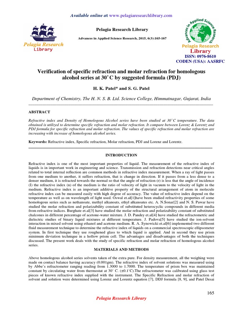 Verification of Specific Refraction and Molar Refraction For ...