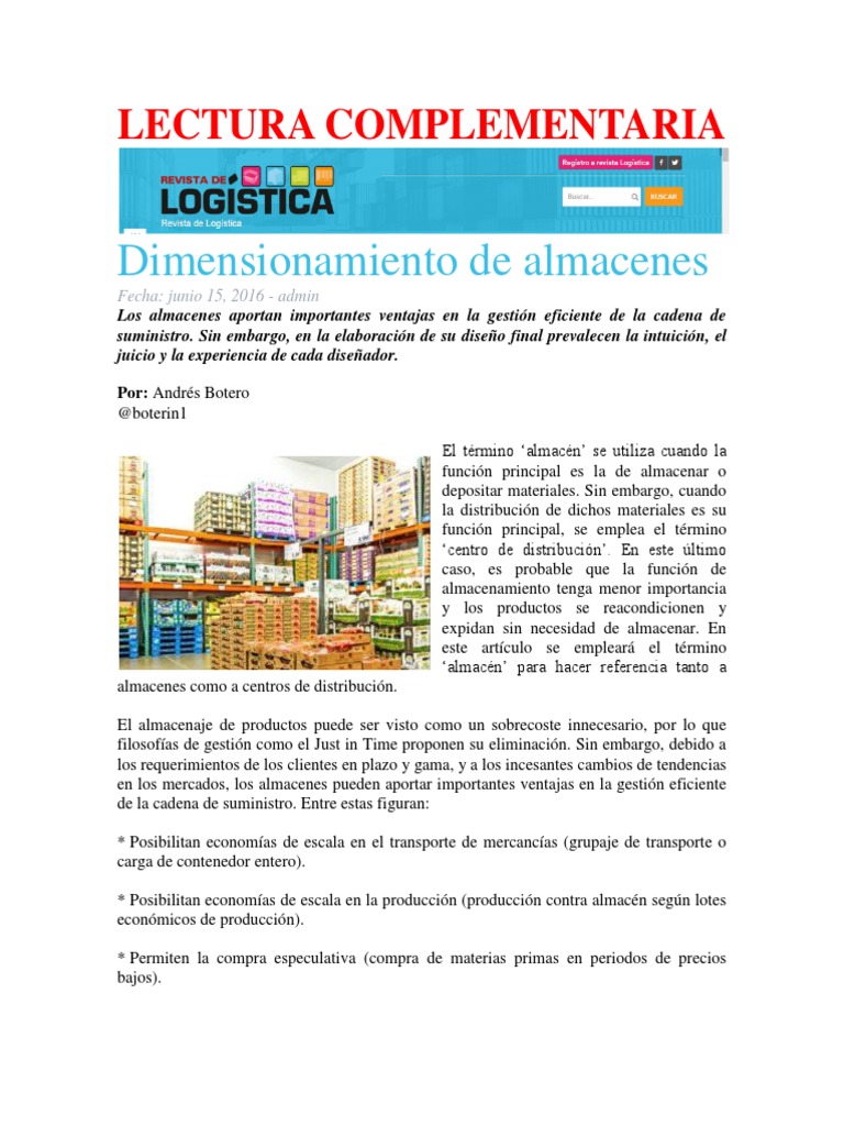 Dimensionamiento de Los Almacenes | PDF | Almacén | Distribución ...