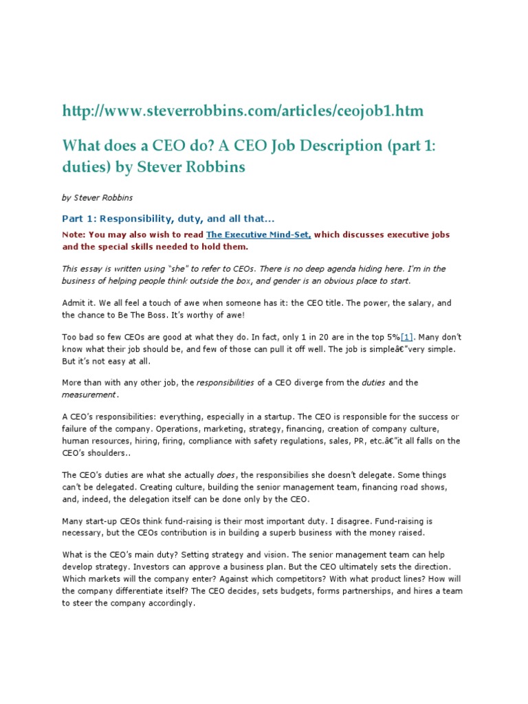 What Does A CEO Do? A CEO Job Description (Part 1: Duties) by Stever ...
