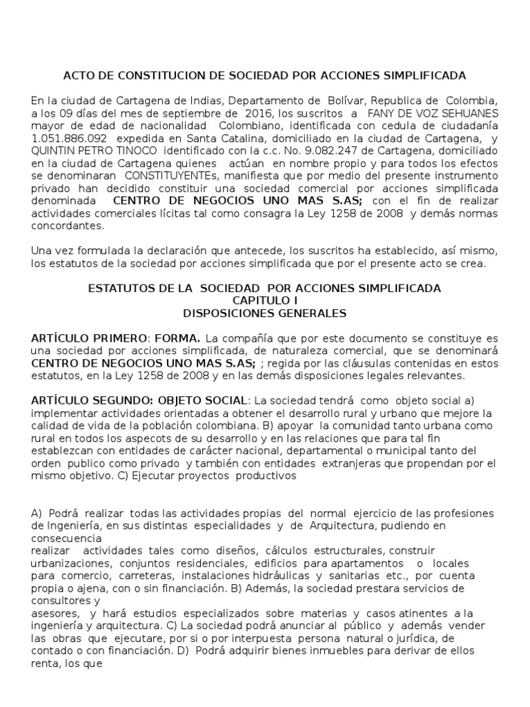 Modelo Sas | PDF | Sociedad de responsabilidad limitada | Compartir (Finanzas)