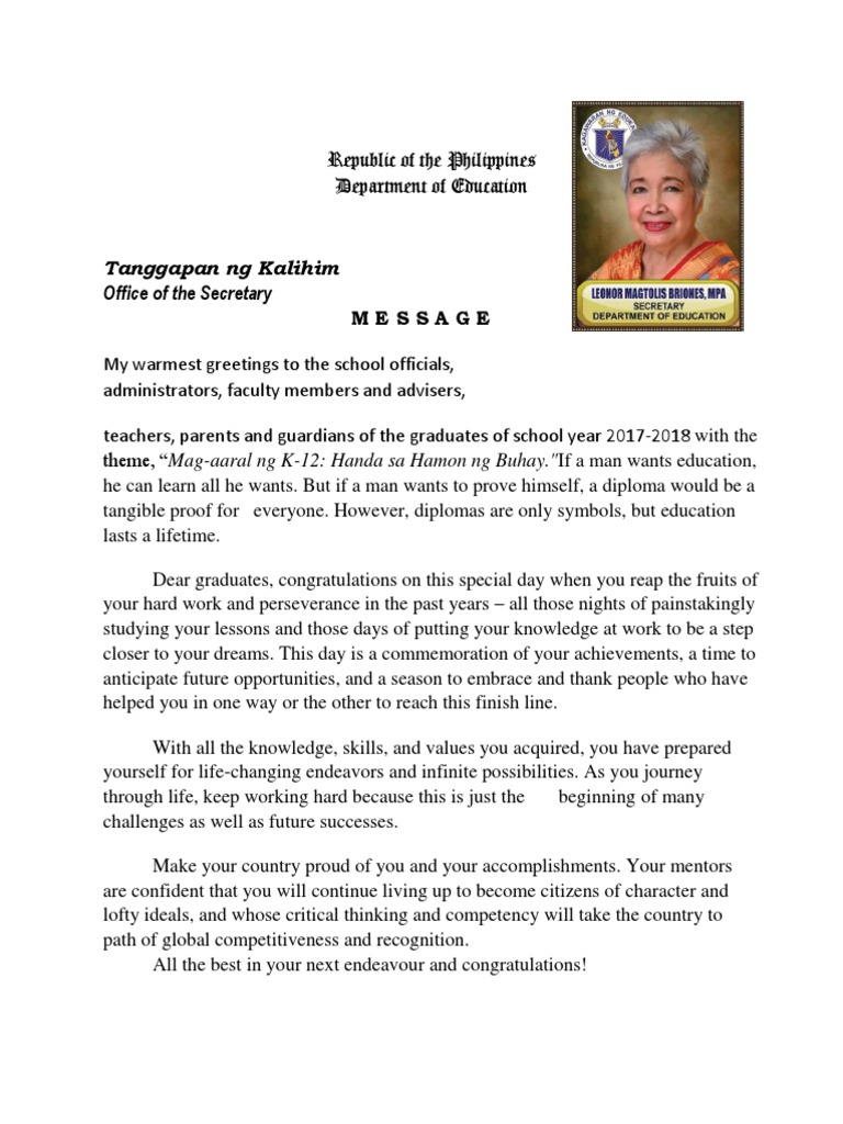 DepEd Secretary's Graduation Message 2024 | PDF | Wellness