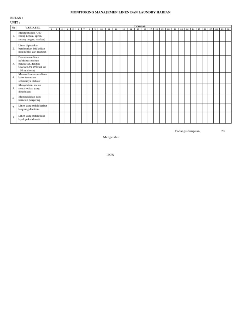 Formulir Monitoring Manajemen Linen Dan Laundry Harian | PDF