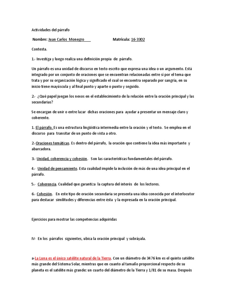 1 Actividades Del Párrafo | PDF | Oración (Lingüística) | Párrafo