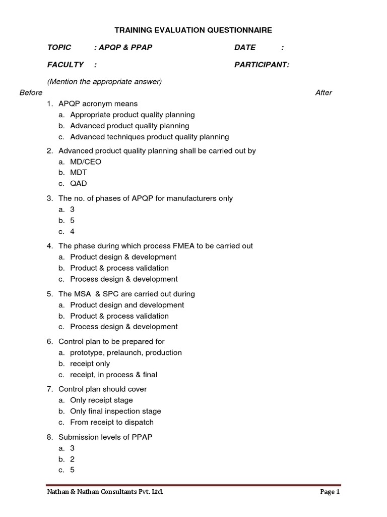 APQP PPAP Questionnaire | PDF | Evaluation | Business