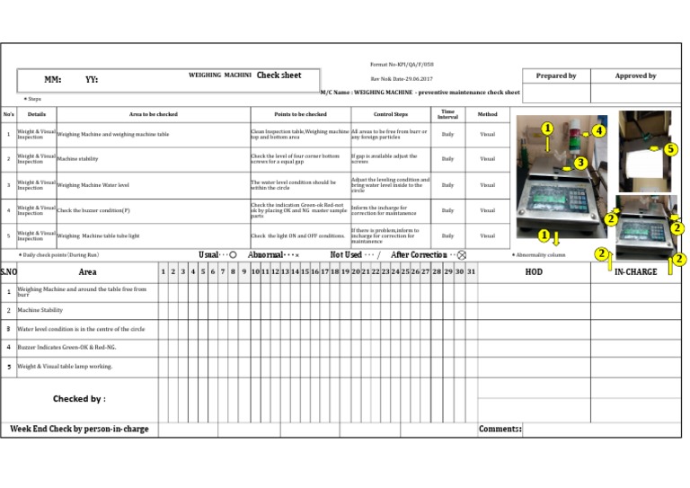 Preventive Maintenance Check Sheet for Weighing Machine Outlines Daily ...