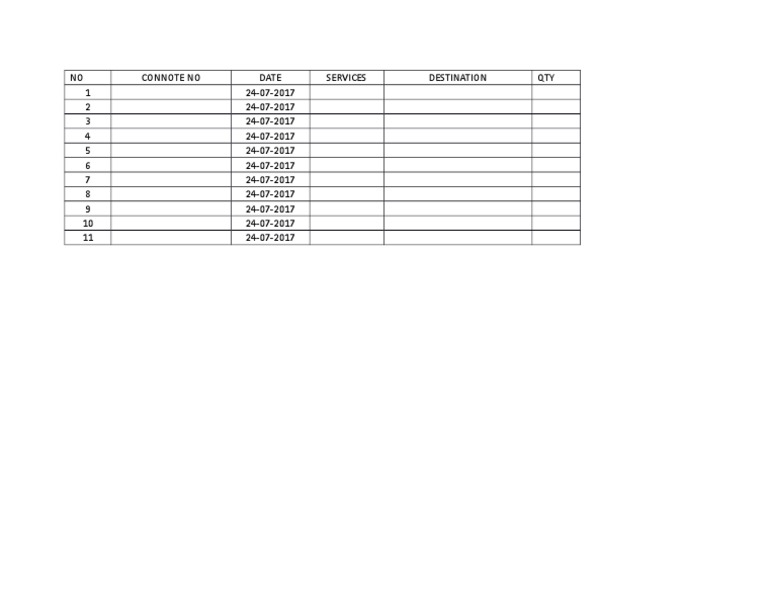 NO Connote No Date Services Destination QTY 1 24-07-2017 2 24-07-2017 3 ...