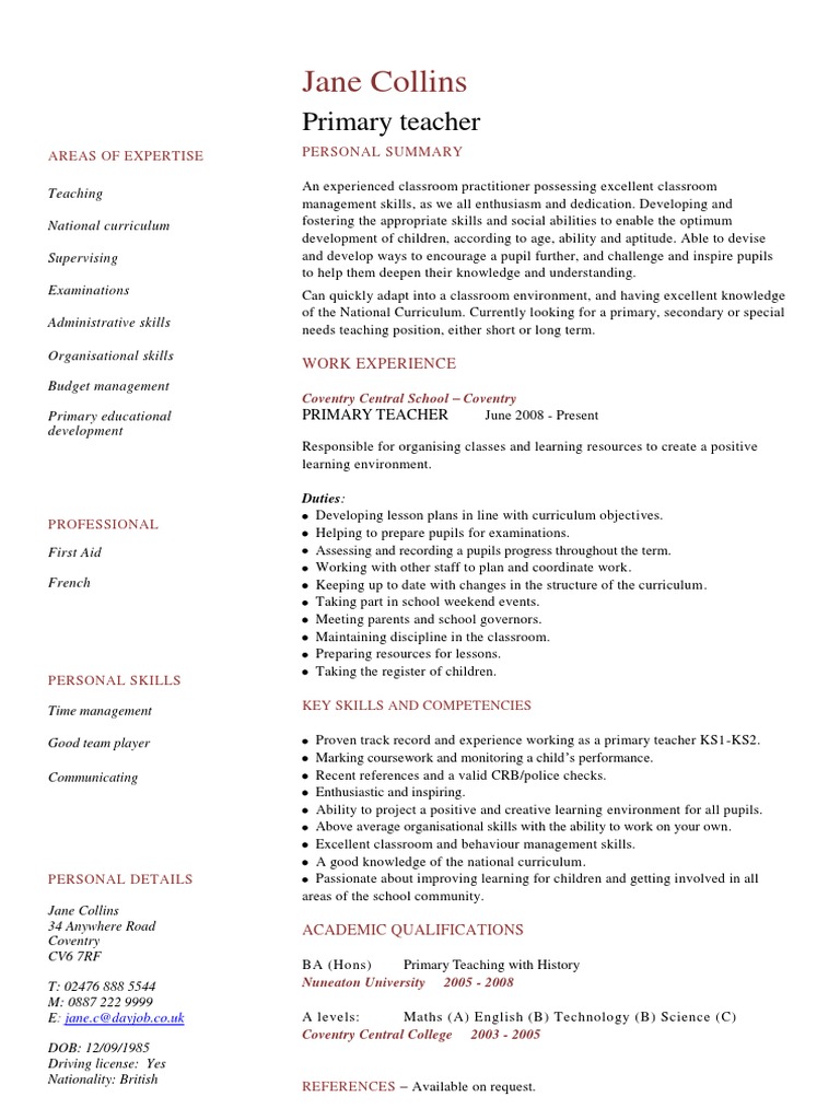 Primary Teacher CV Template | PDF | Schools | Teachers