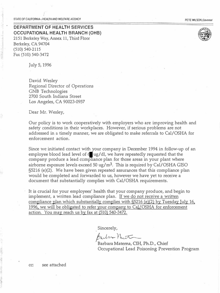 1996 Referral From CDPH/OLPPP To Cal/OSHA | PDF | Occupational Safety ...