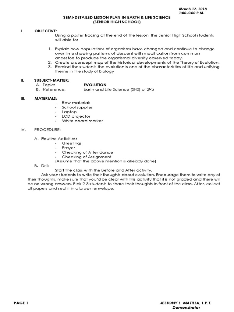 Semi-Detailed Lesson Plan in Senior High (SNS) 12.18 | PDF