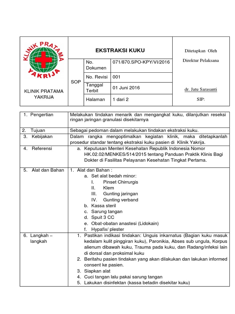 EKSTRAKSI KUKU: PROSEDUR STANDAR OPERASIONAL DI KLINIK PRATAMA YAKRIJA | PDF