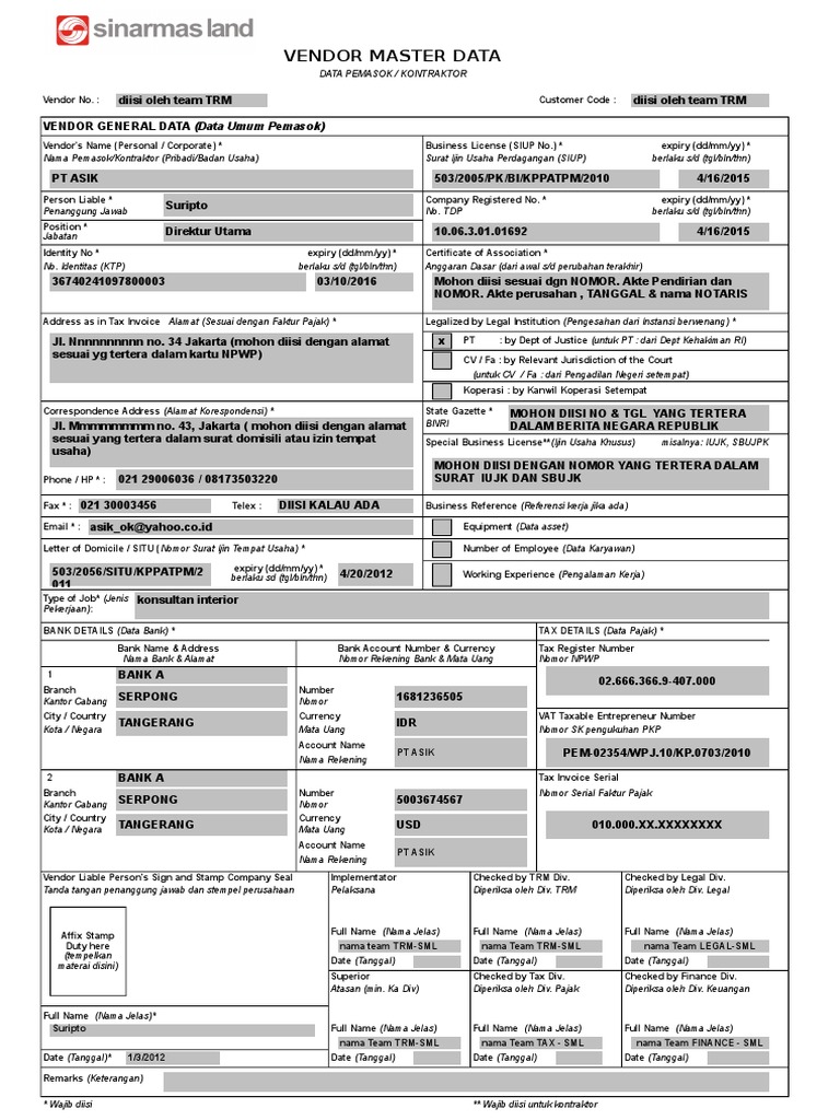 (Contoh Pengisian) Vendor Master Data | PDF