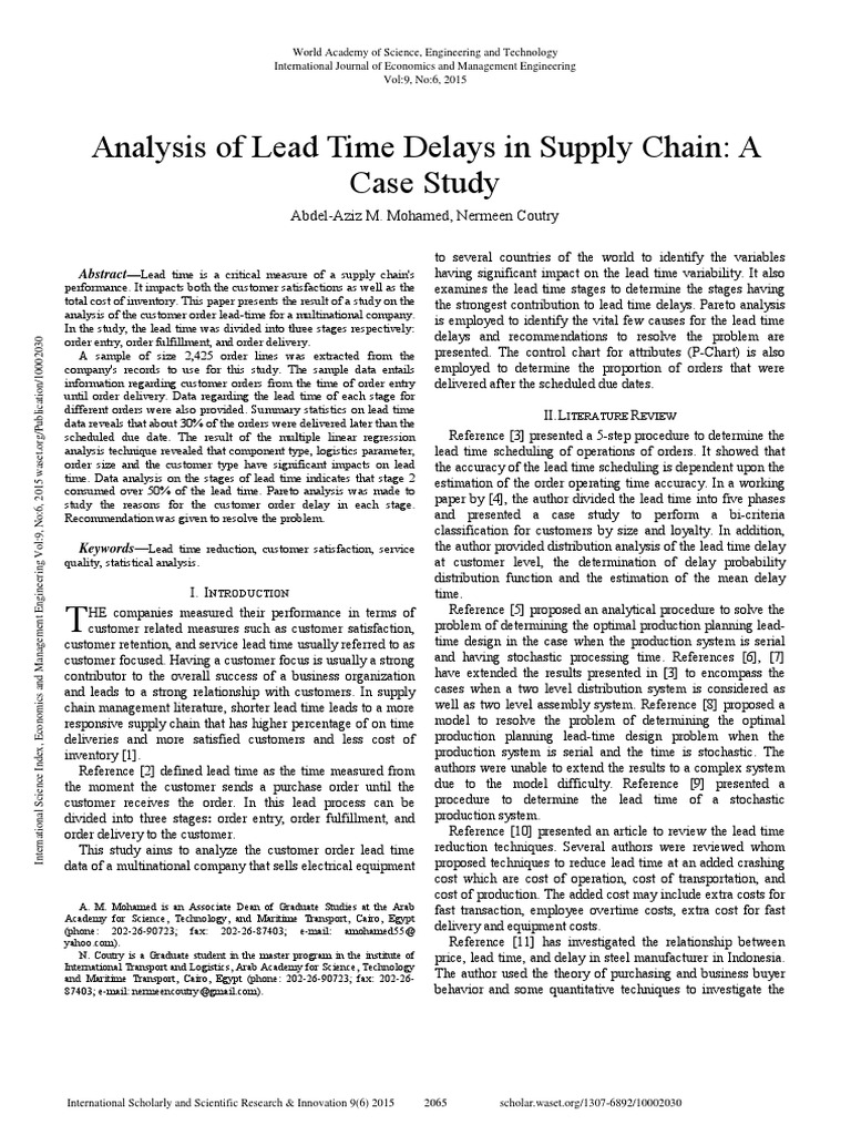 Analysis of Lead Time Delays in Supply Chain A Case Study | PDF ...