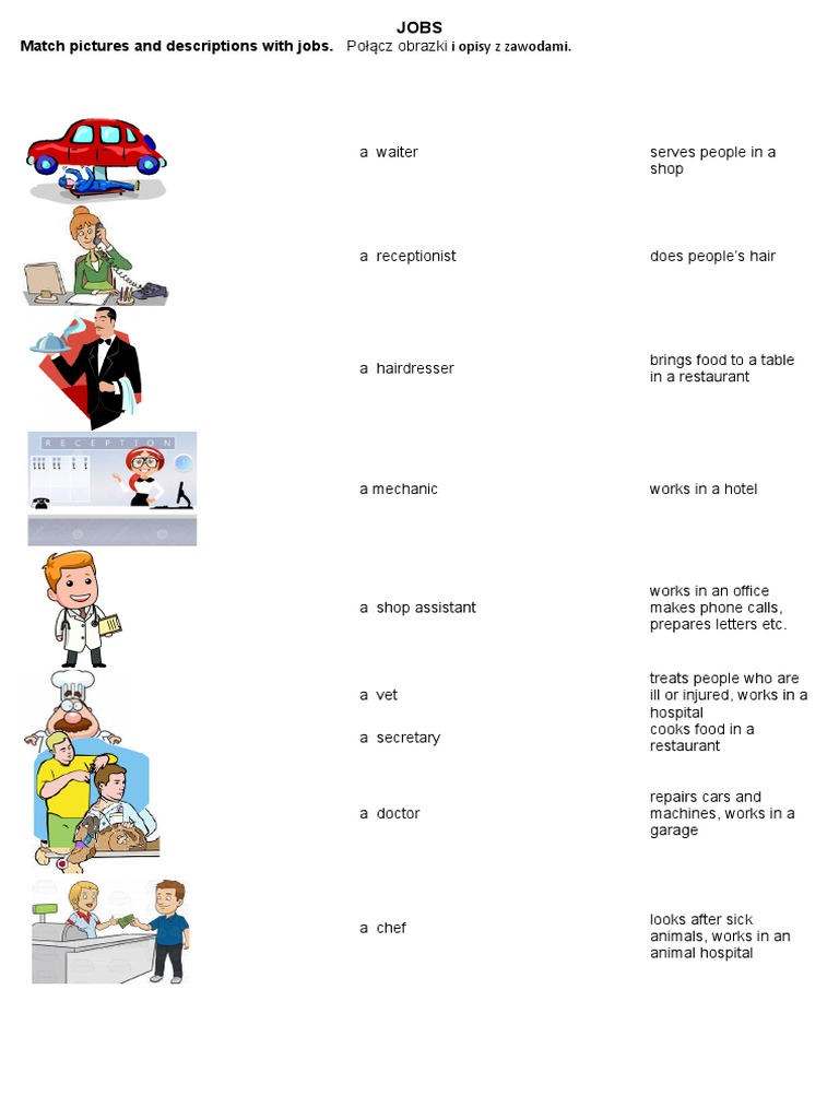 Match Pictures and Descriptions With Jobs. Połącz Obrazki | PDF