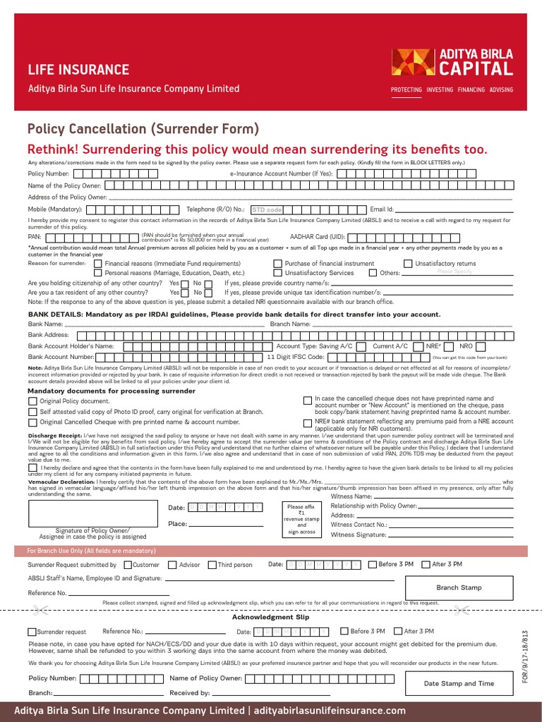 Surrender Form | PDF | Identity Document | Insurance