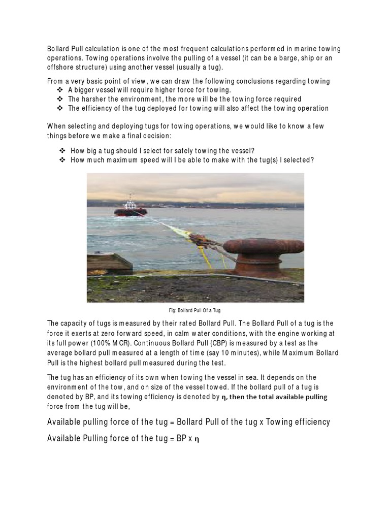 Bollard Pull and Towing Force Calculations | PDF | Tugboat | Sea