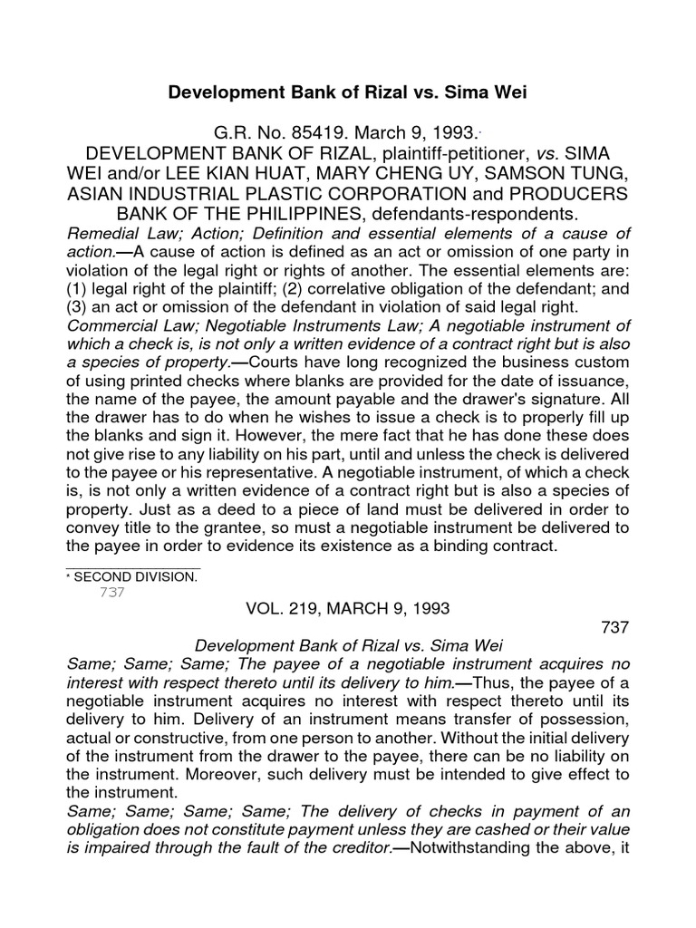 9 Development Bank vs. Sima Wei | PDF | Negotiable Instrument | Cheque
