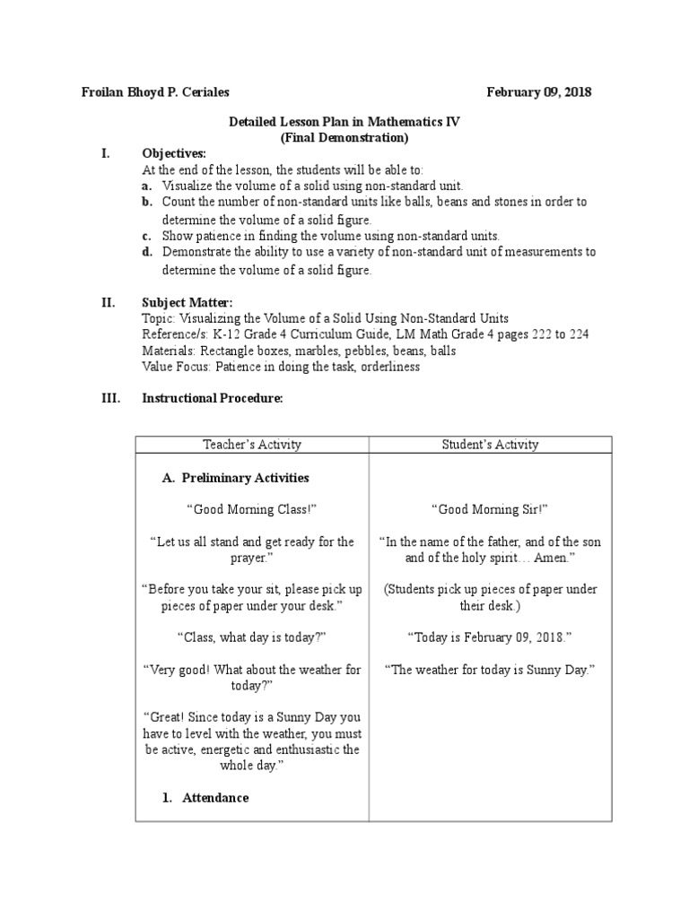 Final Demo Sample Lesson Plan | PDF | Units Of Measurement | Lesson Plan