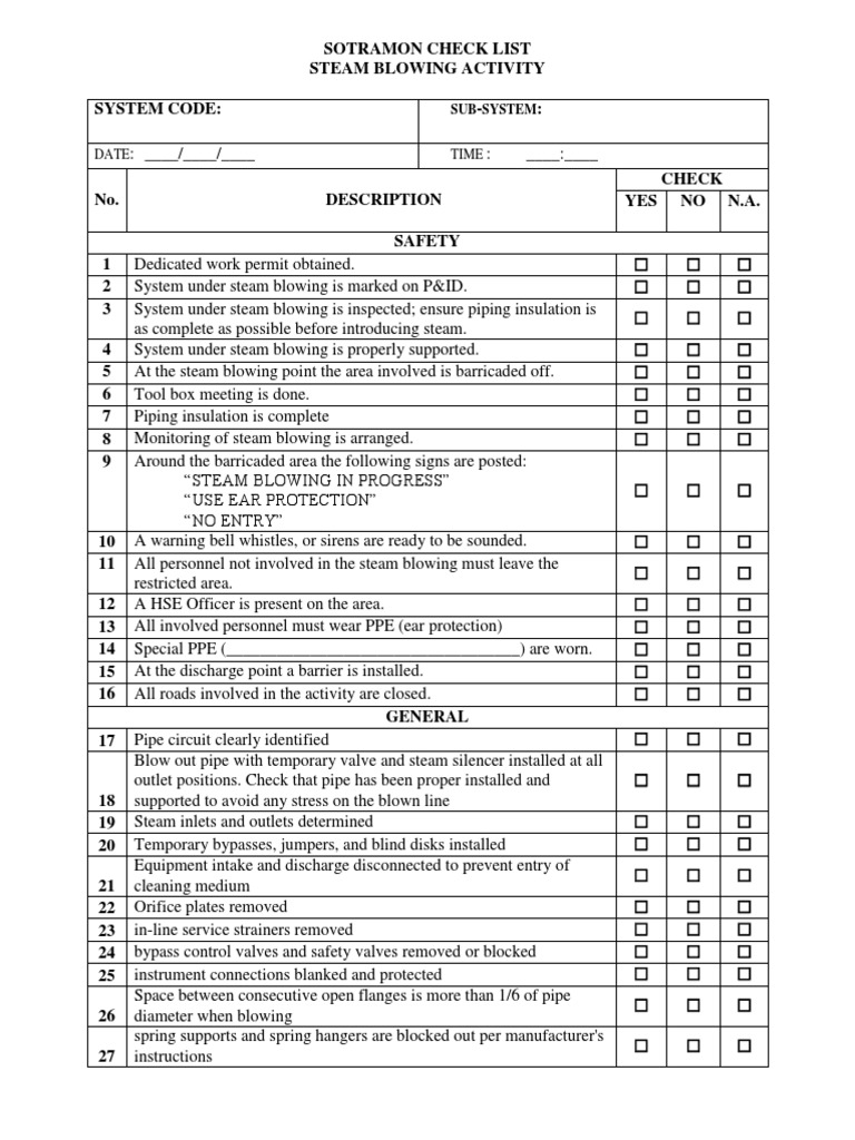 Checklist Steam Blowing | PDF | Valve | Pipe (Fluid Conveyance)