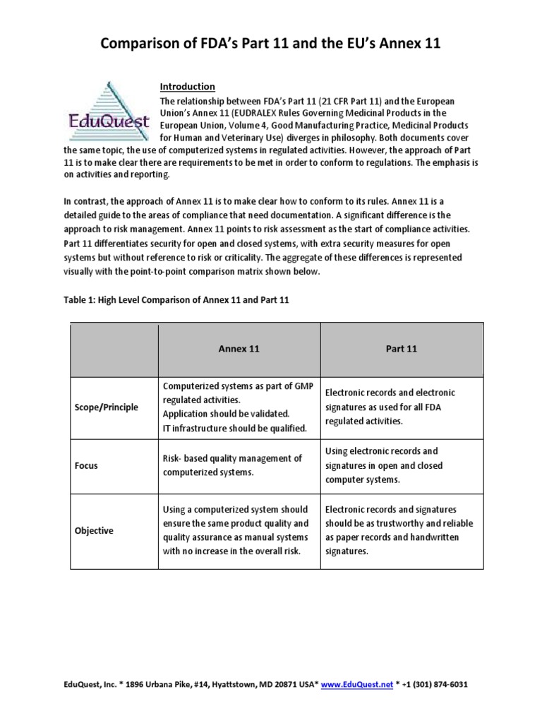 Comparison of FDA Part 11 and EU Annex 11.pdf | Verification And Validation | Technology