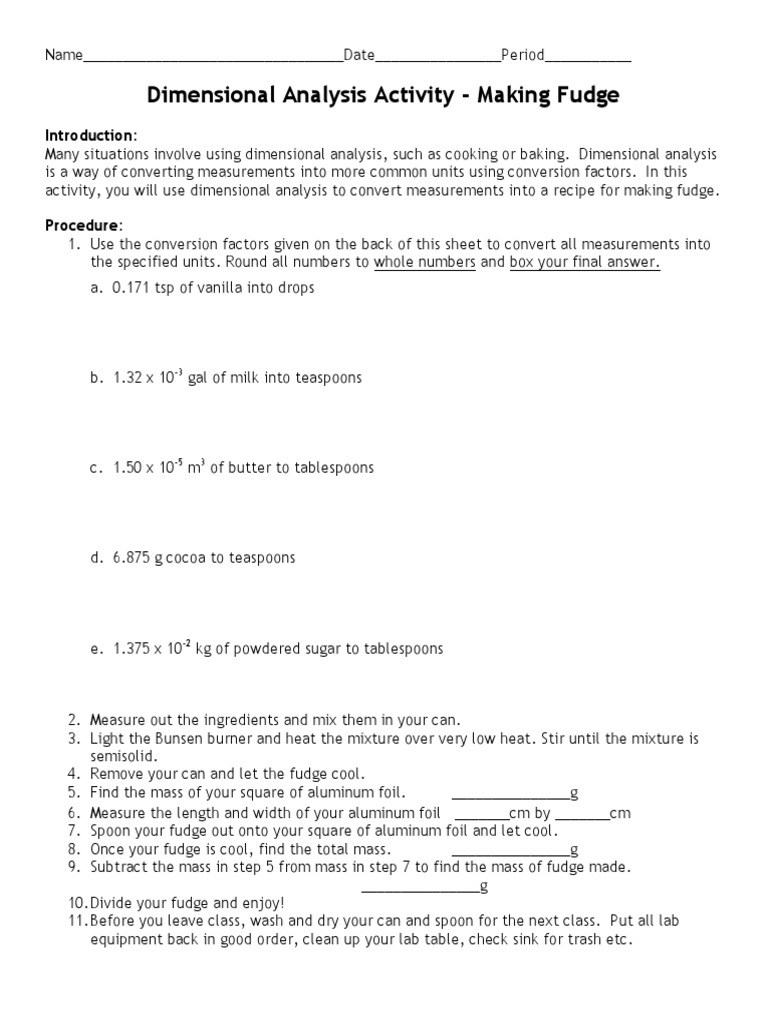 Dimensional Analysis Lab - Making Fudge | PDF | Teaspoon | Tablespoon