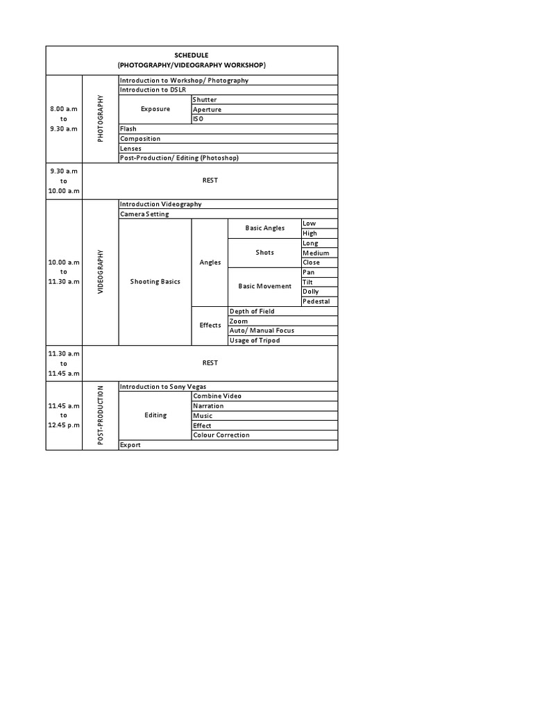 Photography and Videography Workshop Schedule | PDF | Vision | Imaging