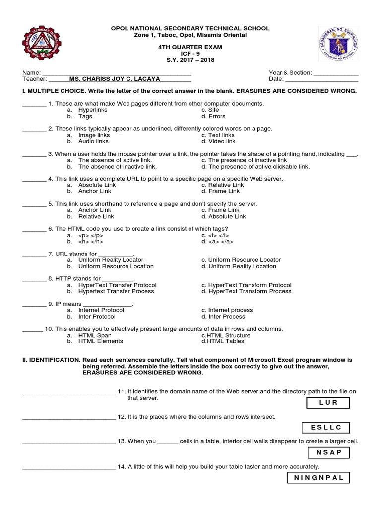 Grade 9 ICF 4th Quarter Exam | PDF | Hyperlink | Websites