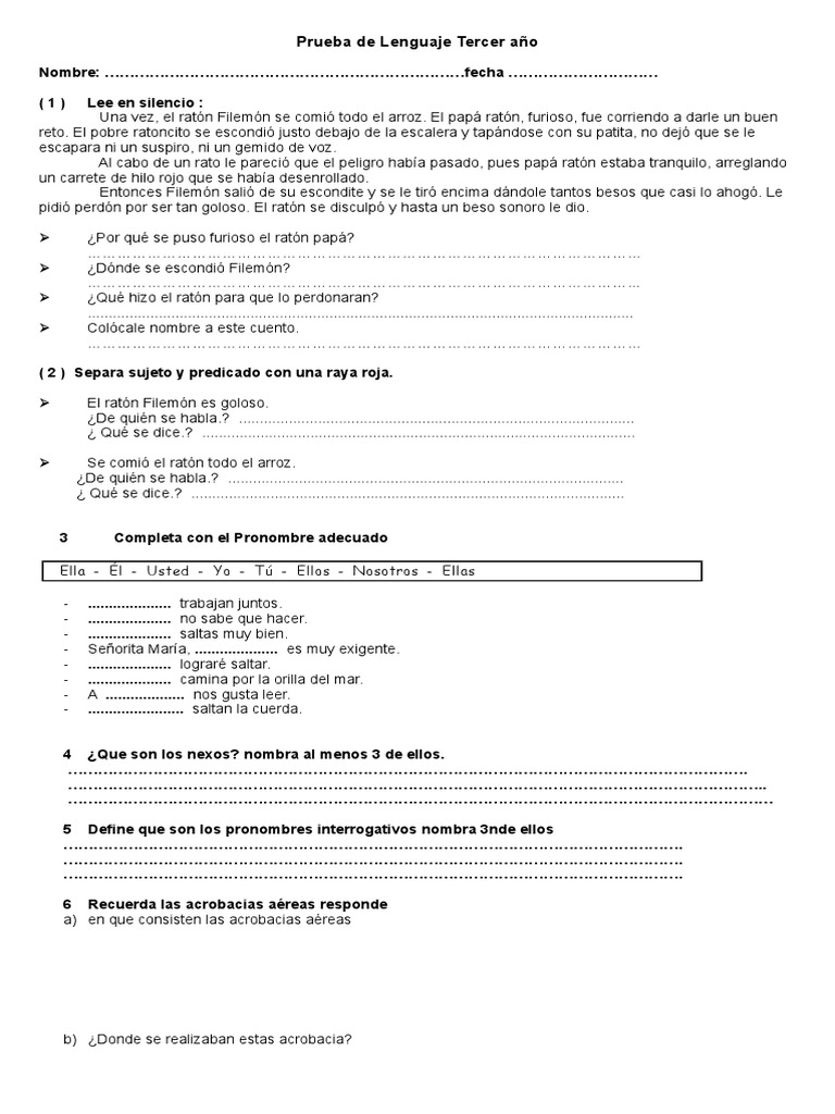 Prueba de Sujeto y Predicado. | PDF | Ocio