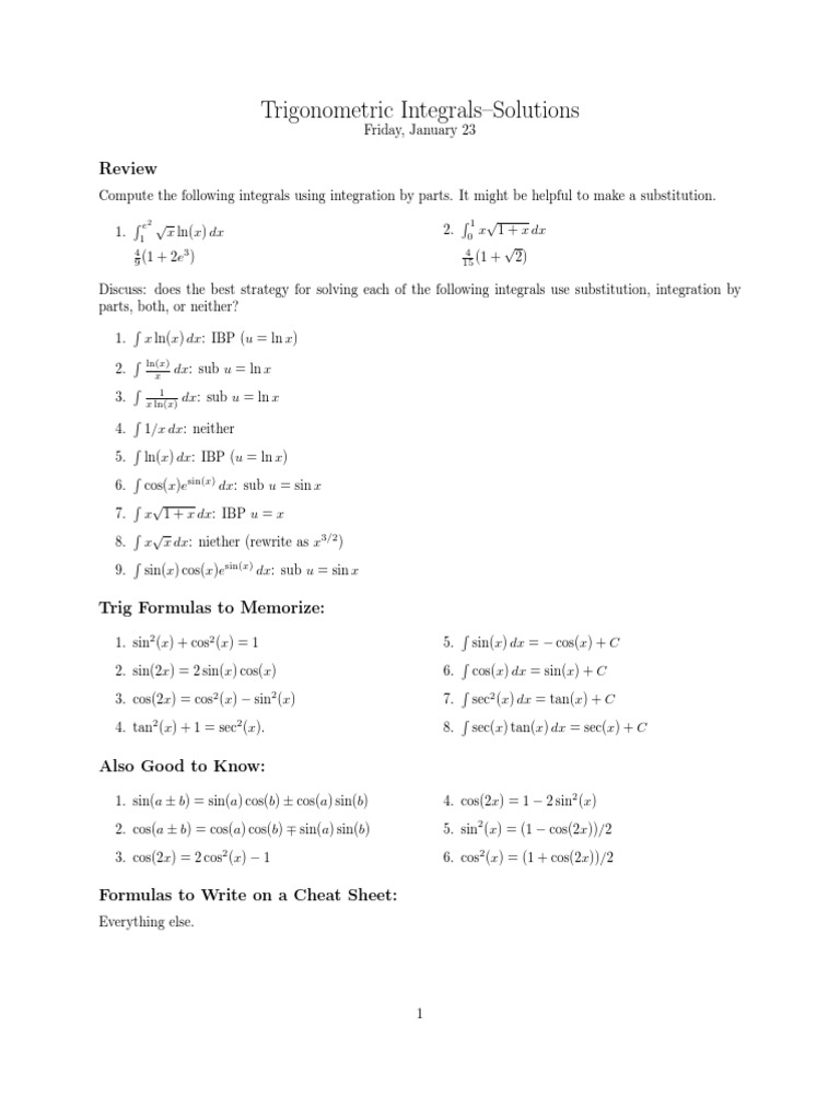 Trigonometric Integrals-Solutions: Review | PDF | Trigonometric ...