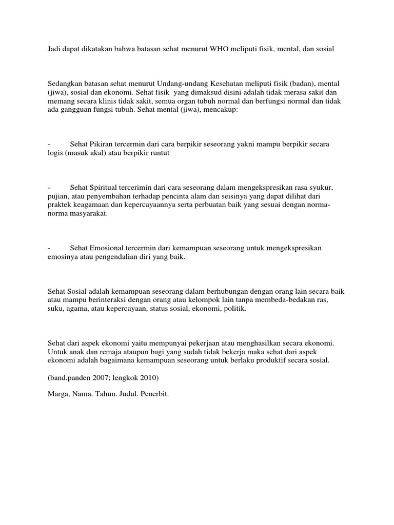 Jadi Dapat Dikatakan Bahwa Batasan Sehat Menurut WHO Meliputi Fisik | PDF