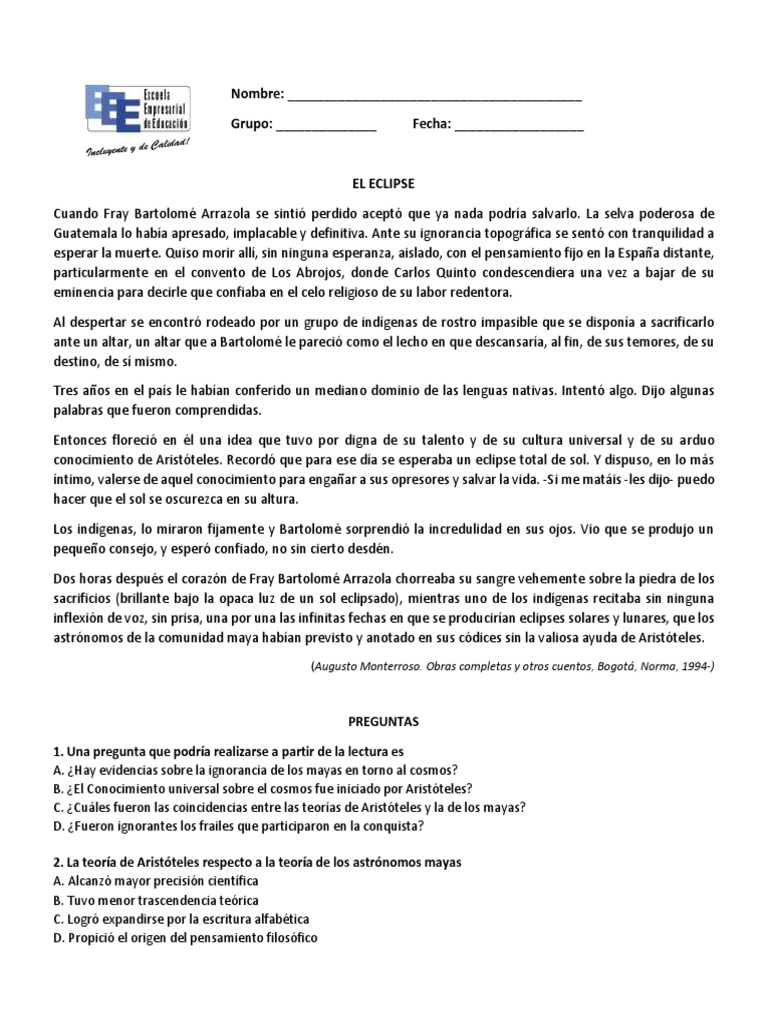EL ECLIPSE - Augusto Monterroso (Ejercicio de Preguntas Textuales ...