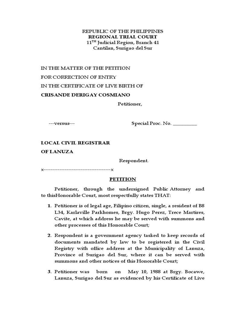 Petition For Correctionof Entry in The Certificate of Live Birth ...