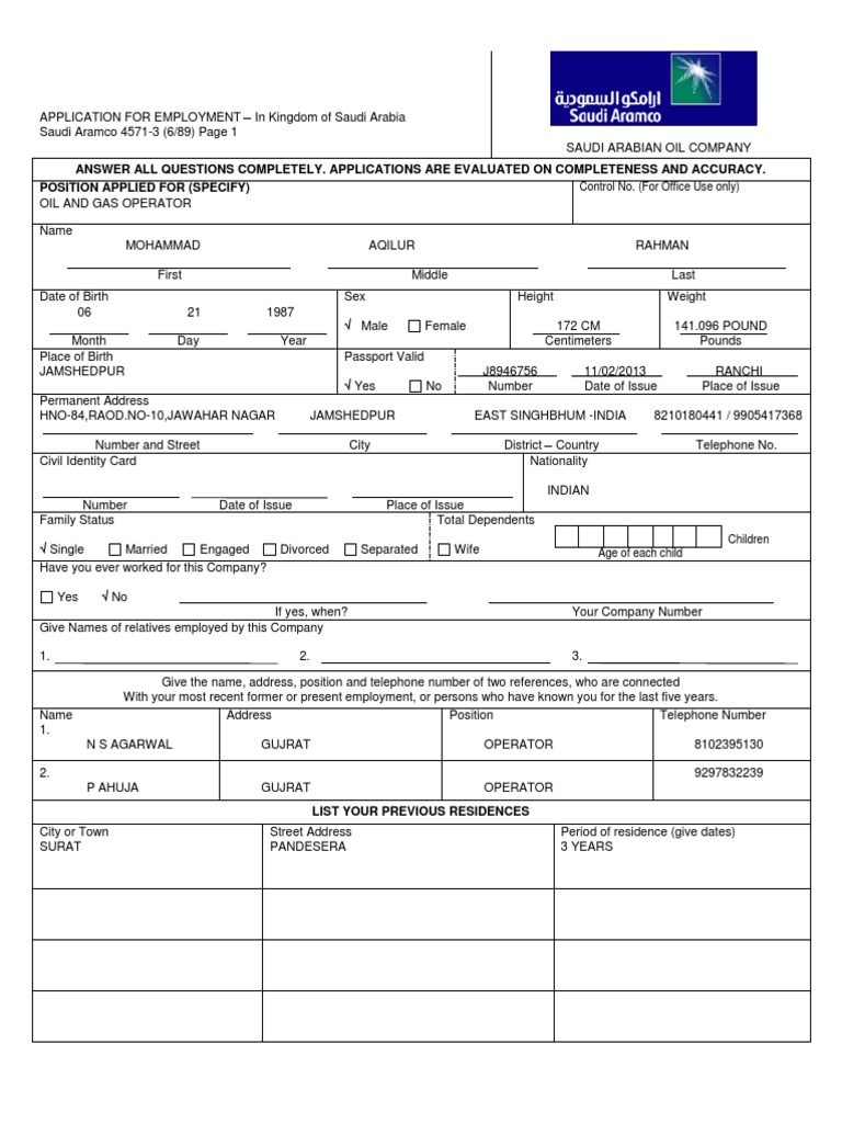 Saudi Aramco Job Application Form | PDF | Saudi Arabia | Business