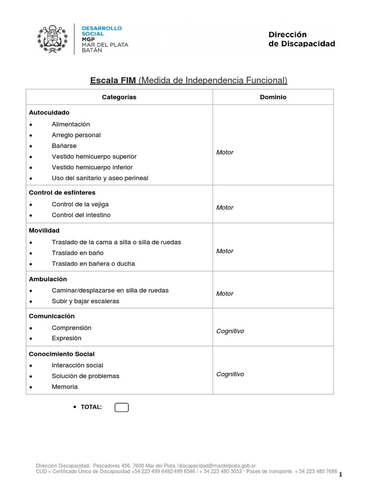Anexo Complementario Escala FIM | Invalidez | Sicología y ciencia cognitiva