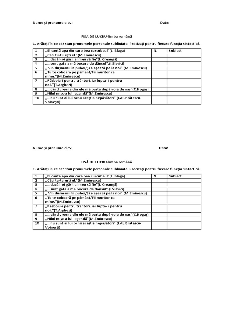 Fisa de Lucru Pronume Personal Functii Sintactice | PDF