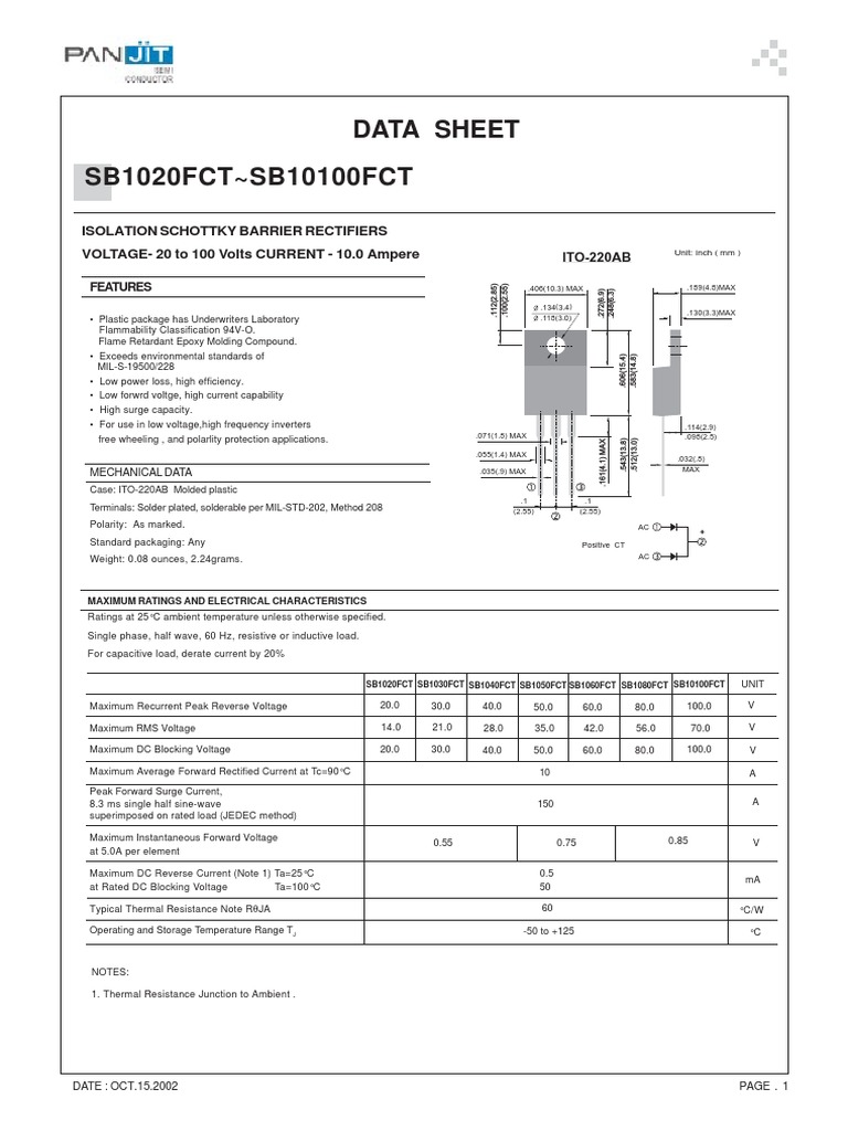 Data Sheet SB1020FCT SB10100FCT: Isolation Schottky Barrier Rectifiers ...