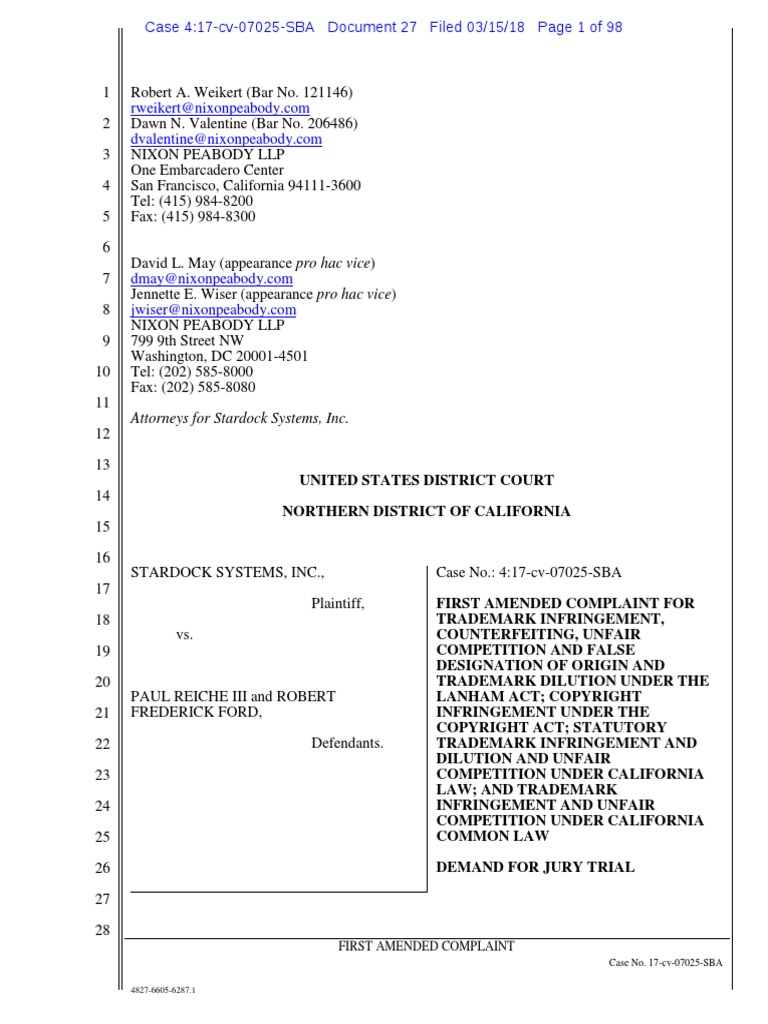 First Amended Complaint Stardock v. Paul Reiche and Fred Ford | PDF | Trademark | Damages
