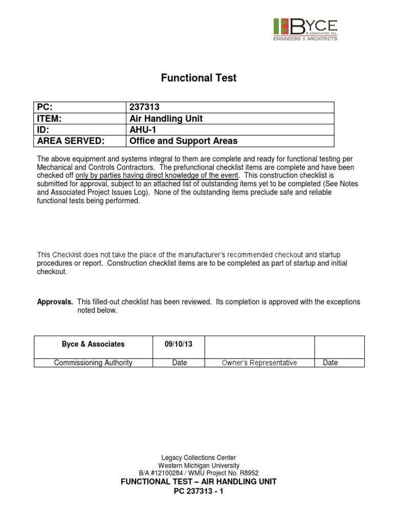 AHU Functional Test Checklist | PDF | Hvac | Duct (Flow)